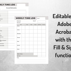 Weekly Time Log Printable Time Sheets for Employees Work Hours Trackers ...
