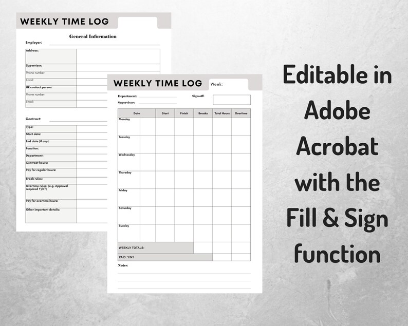 Weekly Time Log Printable Time Sheets for Employees Work Hours Trackers ...