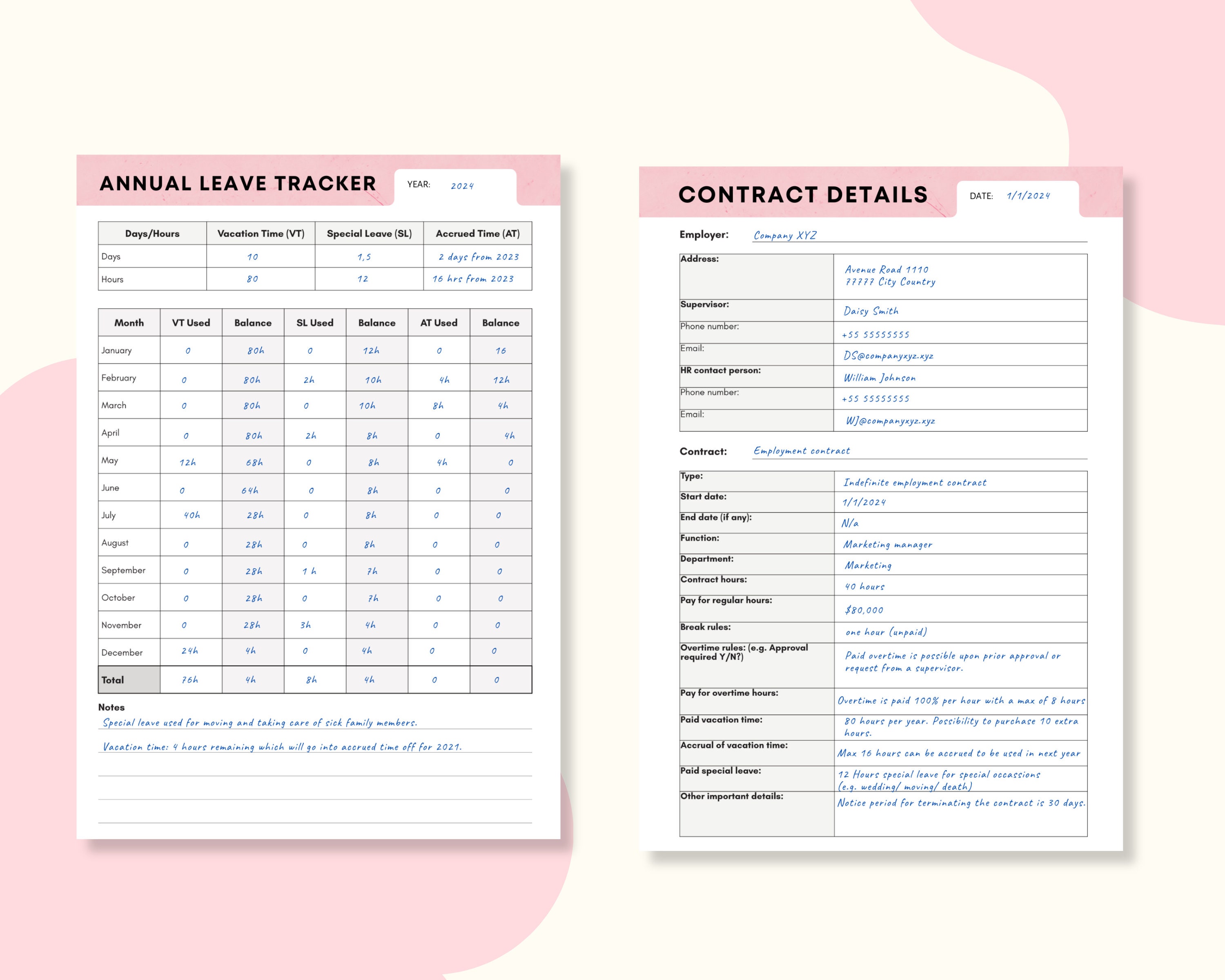 Pink Marble Vacation Time Tracker | Paid Time off Log | Annual Leave ...