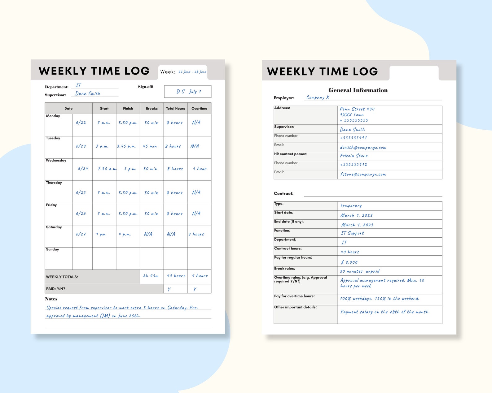 Weekly Time Log| Printable Time Sheets for Employees | Work Hours ...