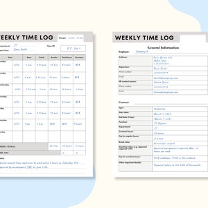 Weekly Time Log| Printable Time Sheets for Employees | Work Hours ...