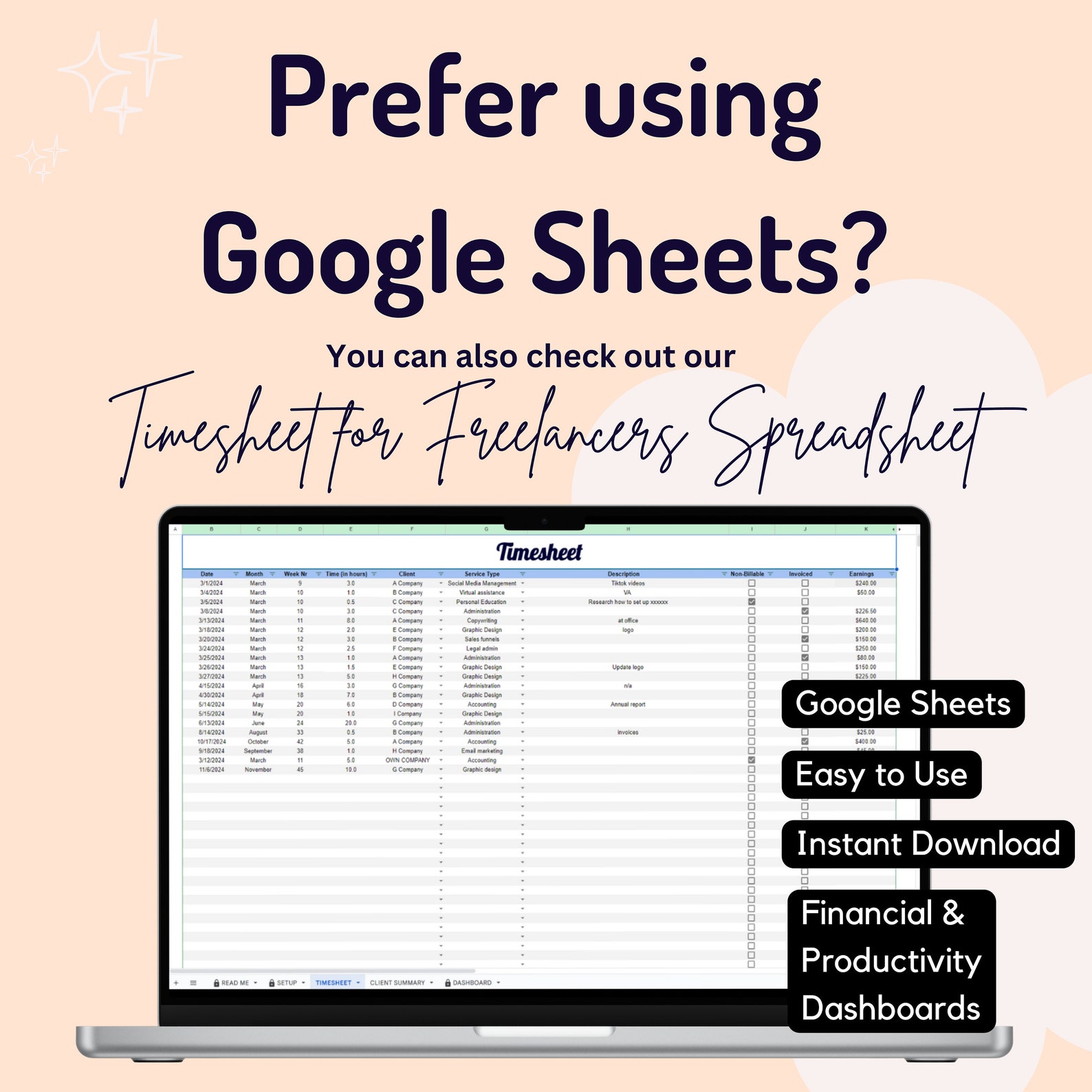 Pink Marble Time Sheet Log for Freelancers | Printable Time Sheets for ...