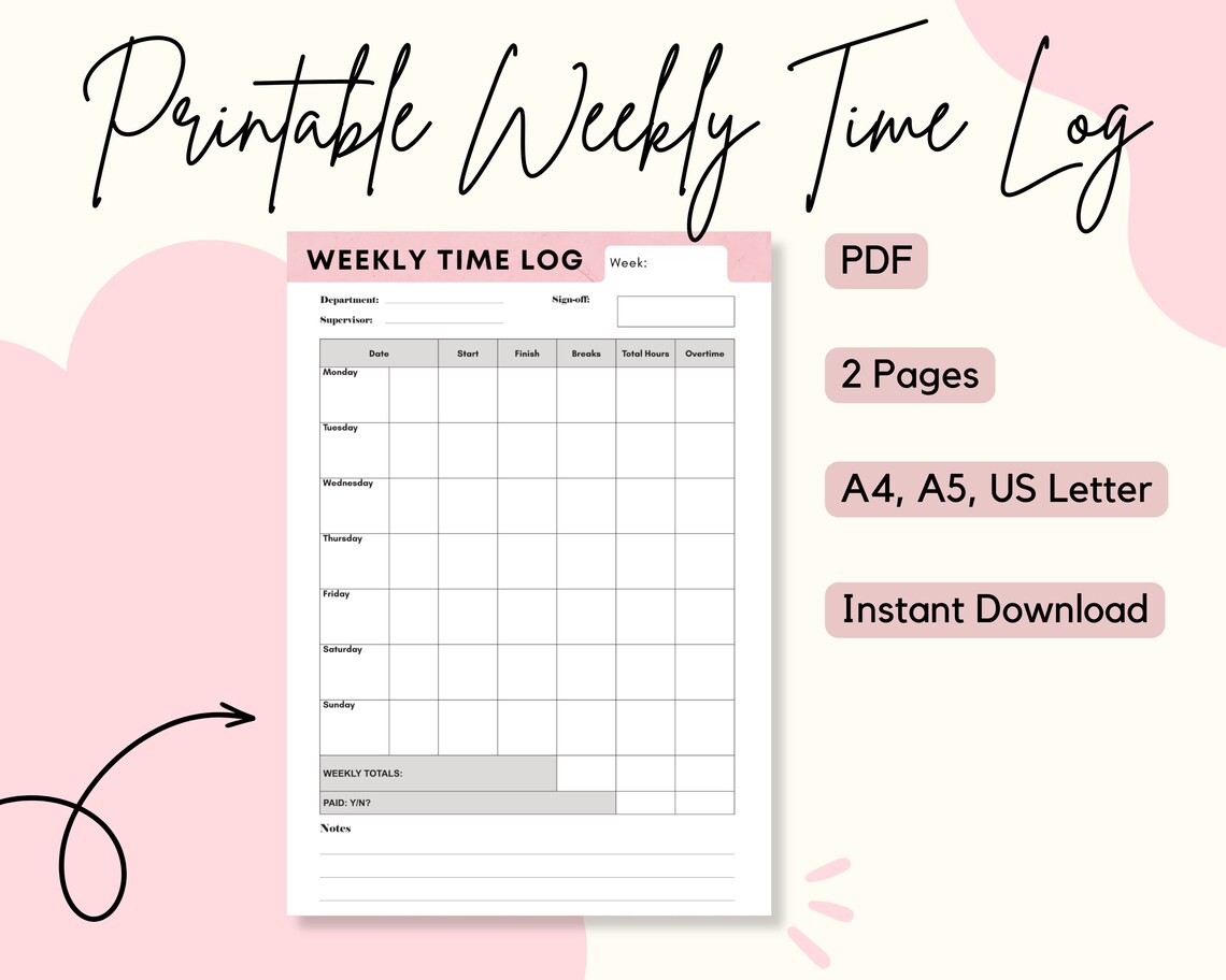 Pink Marble Weekly Time Log| Printable Time Sheets for Employees | Work ...