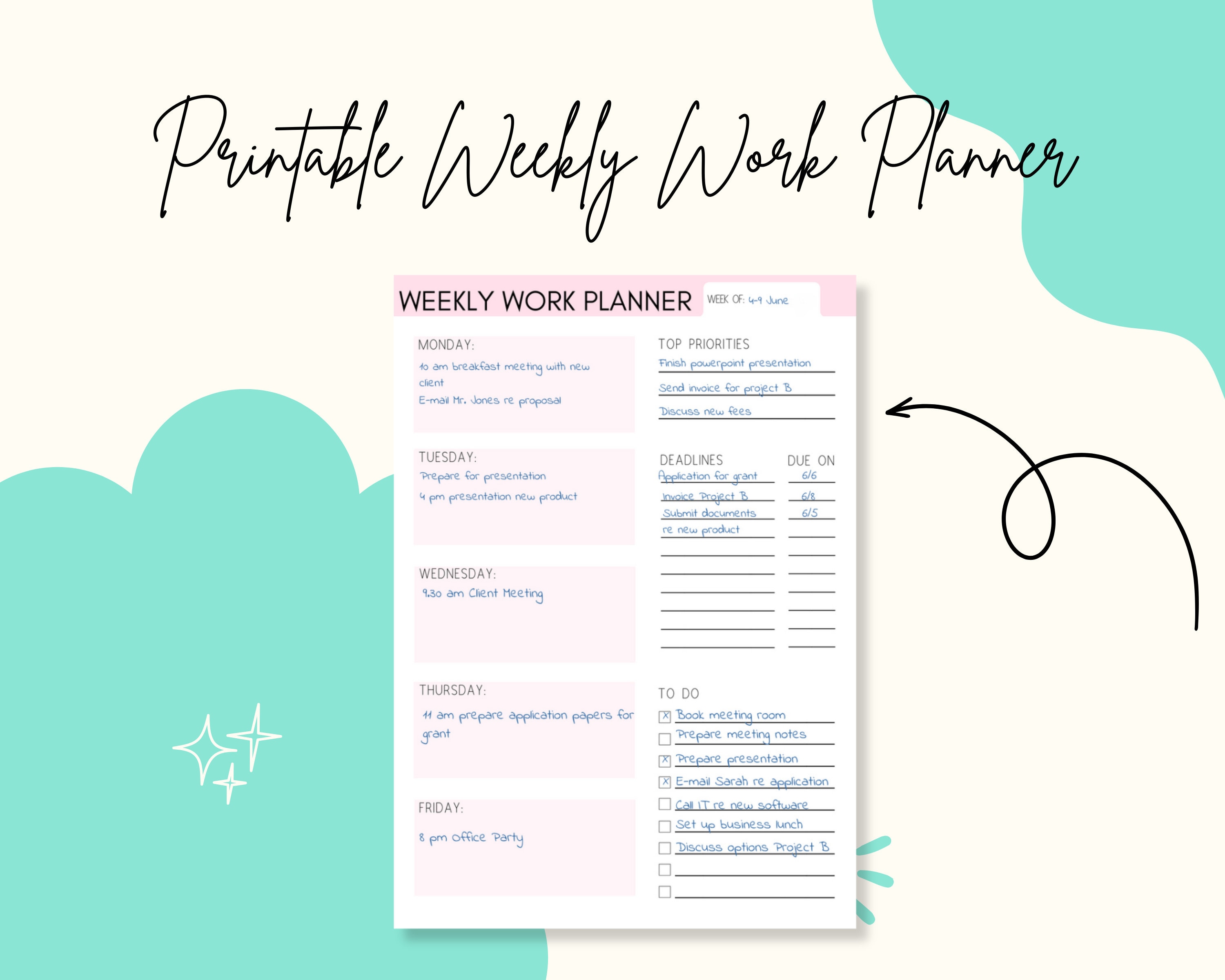 Weekly Work Planner Weekly Planner Work Organizer Work Calendar ...