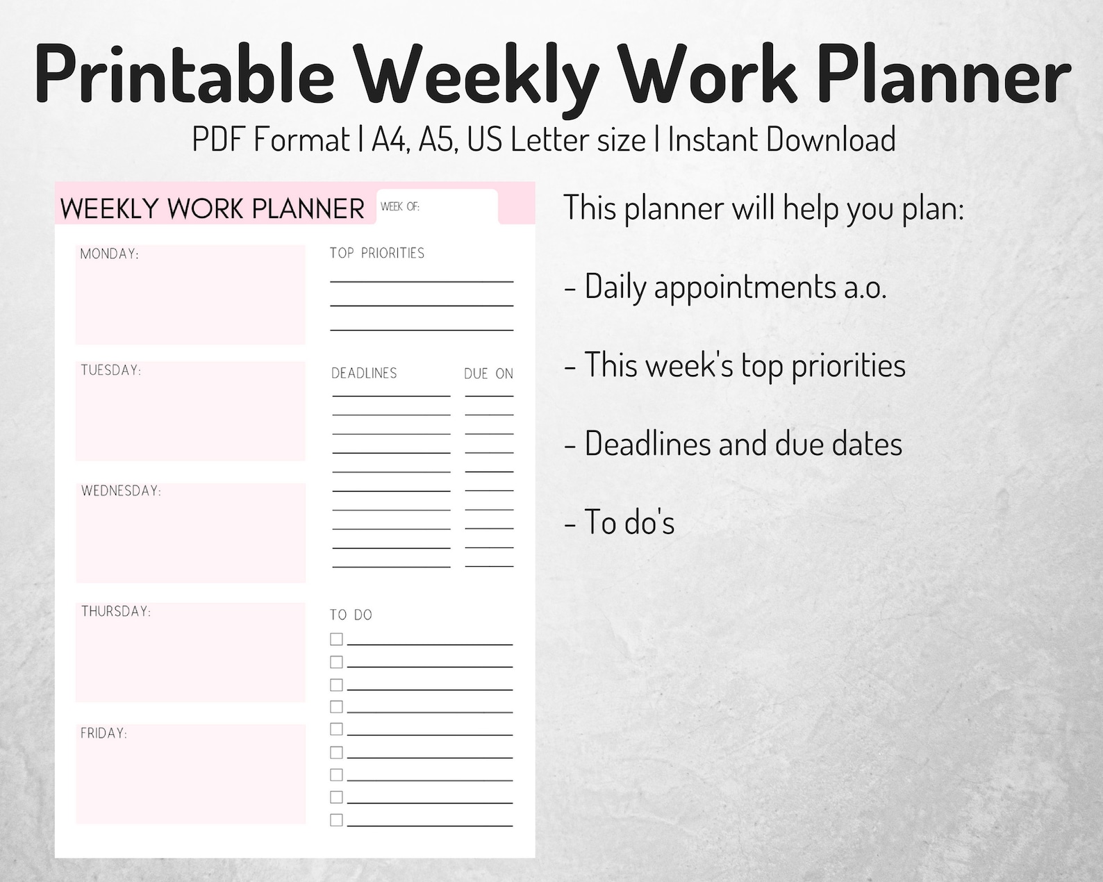 Weekly Work Planner Weekly Planner Work Organizer Work - Etsy