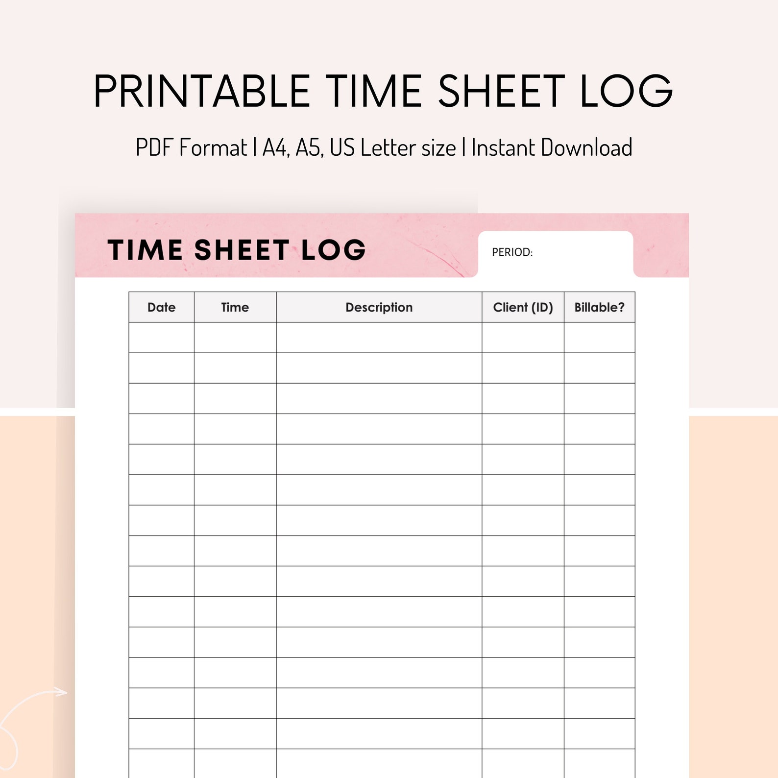 Pink Marble Time Sheet Log for Freelancers | Printable Time Sheets for ...