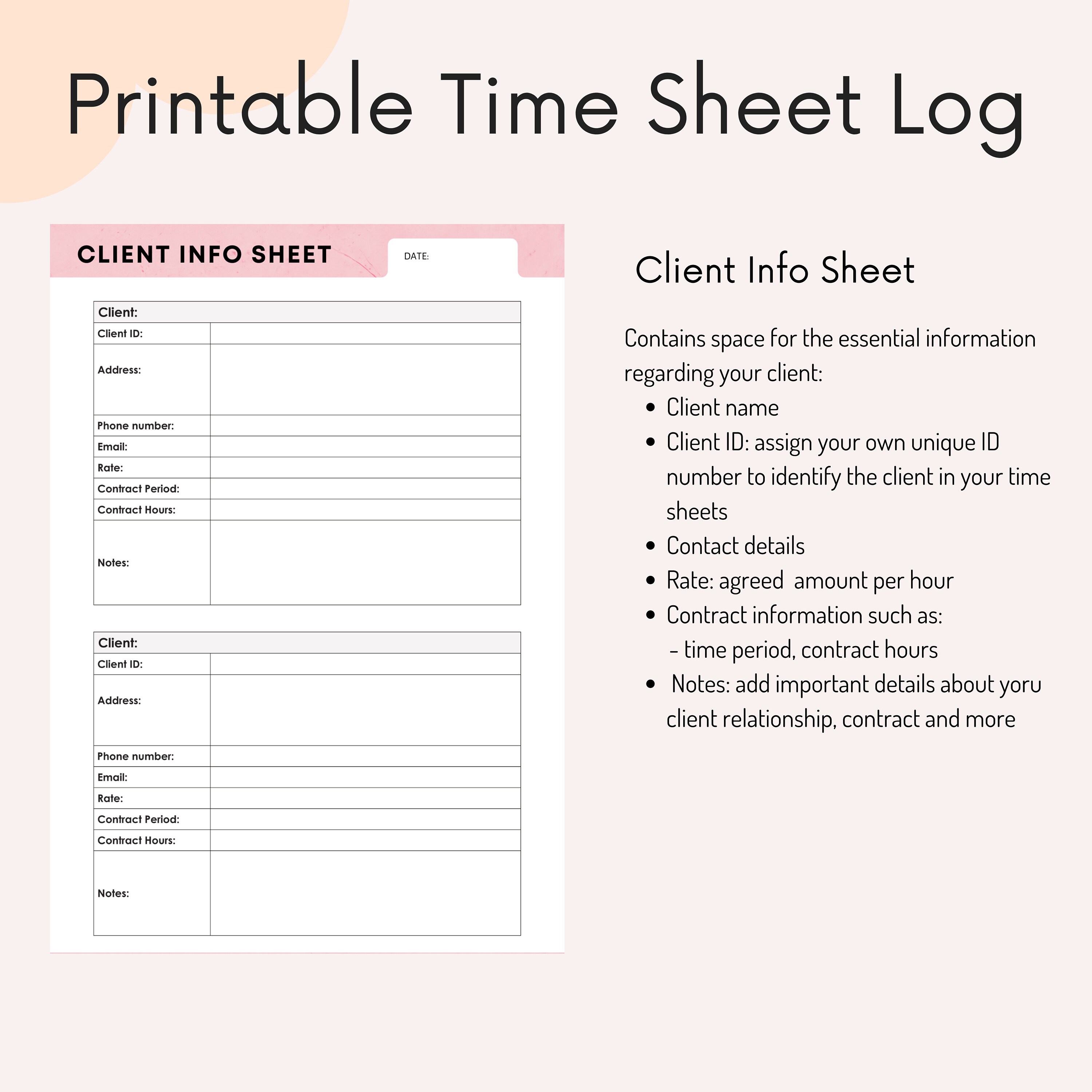 Pink Marble Time Sheet Log for Freelancers | Printable Time Sheets for ...