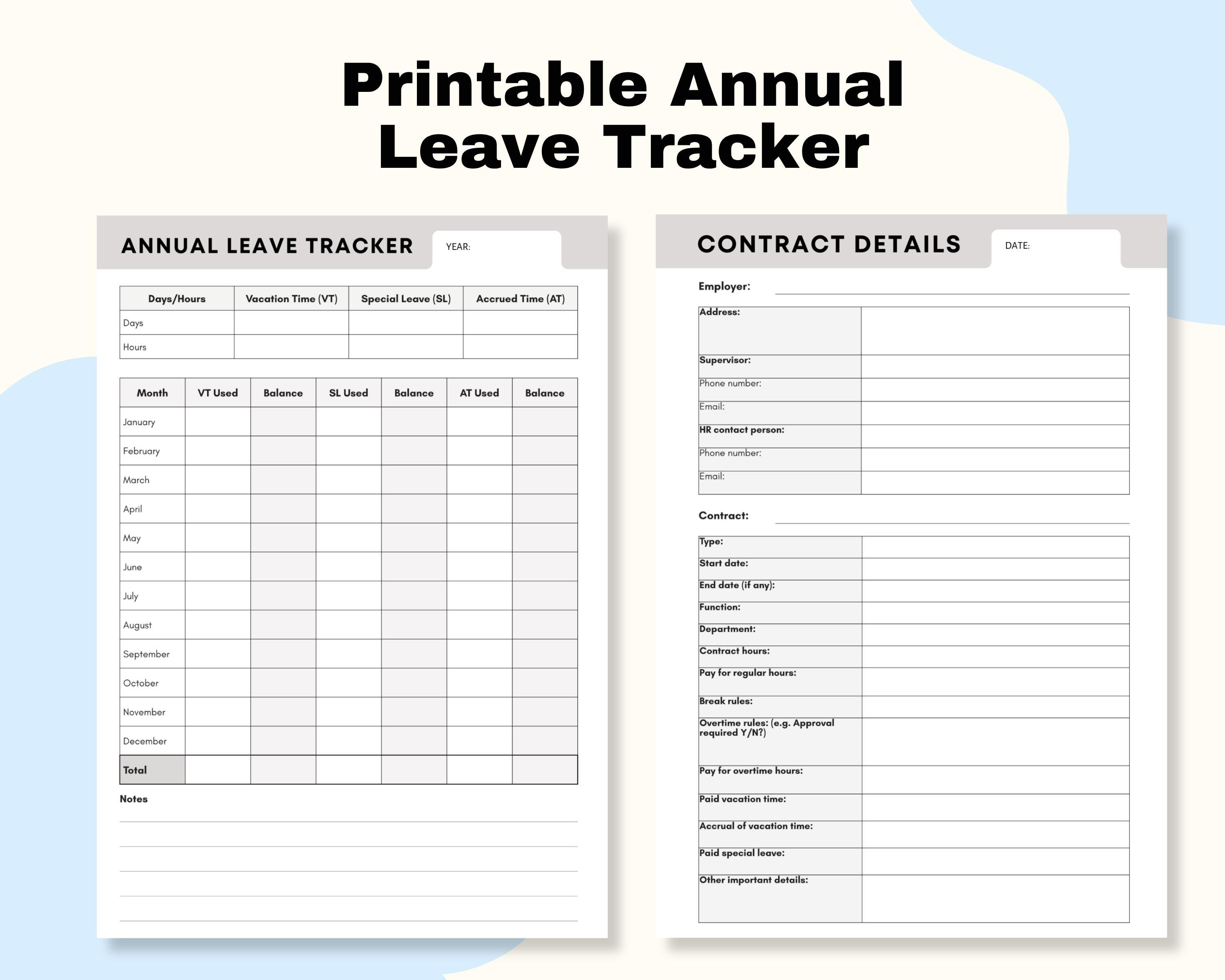 Annual Leave Tracker, Vacation Time Tracker, Paid Time off Log ...