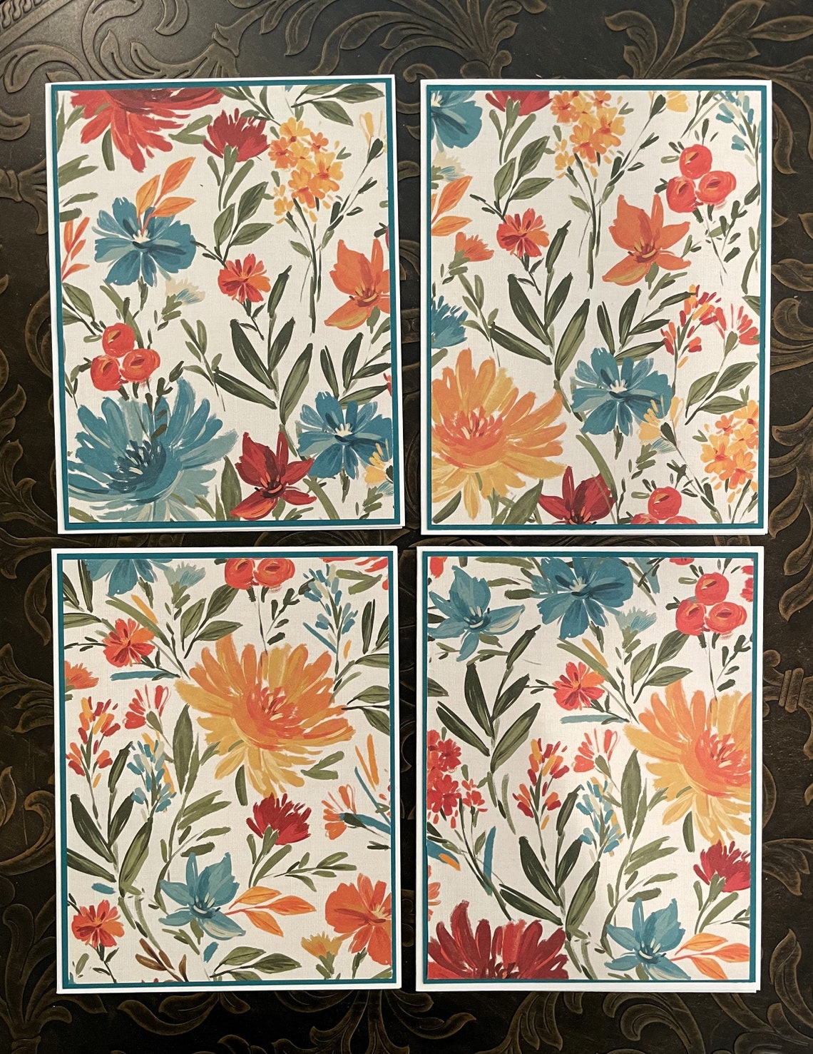 Beautiful Set of Handmade Floral Note Cards. Set of 4 Colorful Cards ...