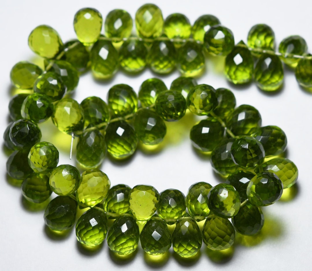 7 Inch Strand, Olive Green Hydro Quartz, Side Drilled, Faceted Drops ...
