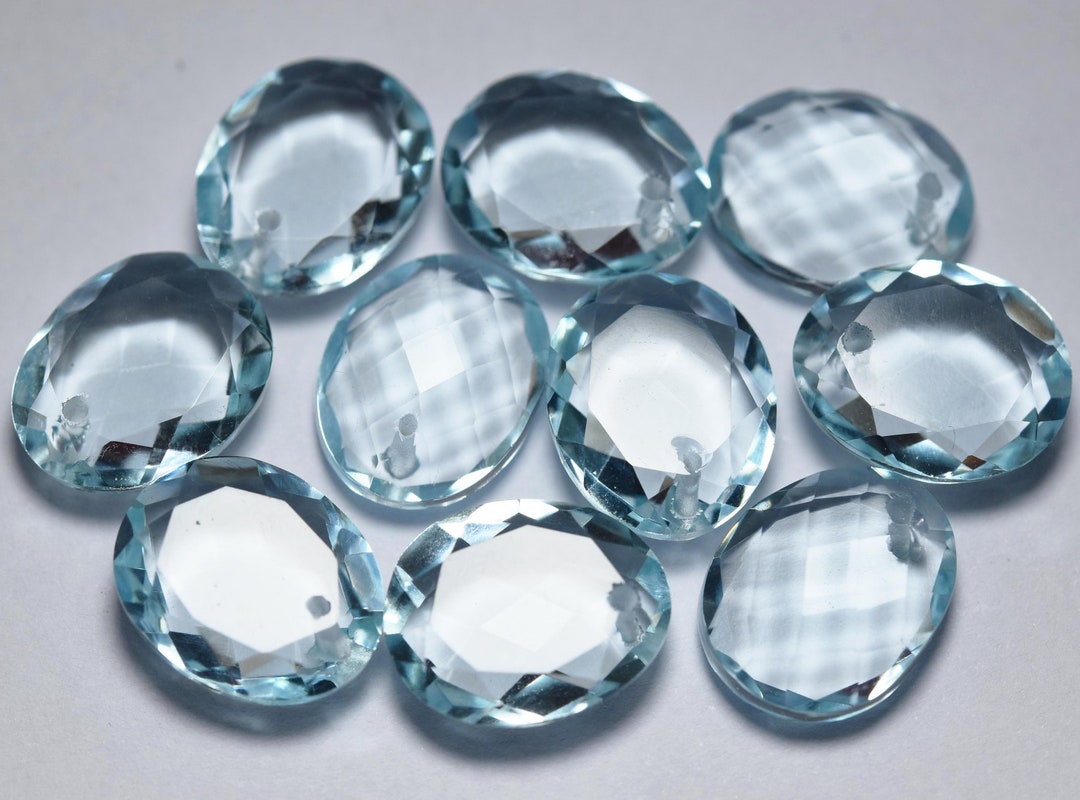 3 Match Pair, Sky Blue Hydro Quartz, Front Drilled, Faceted, Fancy Oval ...