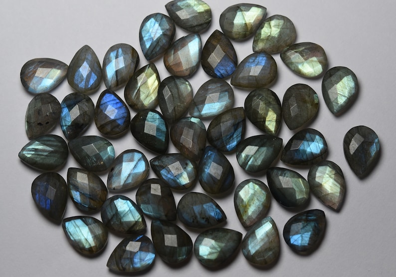 10 Piece, Labradorite Blue and Green Blue Flashy, Side Drilled Faceted ...