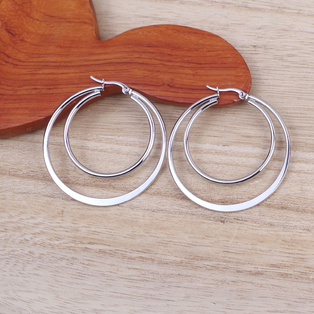 45 Mm Double Row Round Hoop Earrings in Hypoallergenic Stainless Steel ...