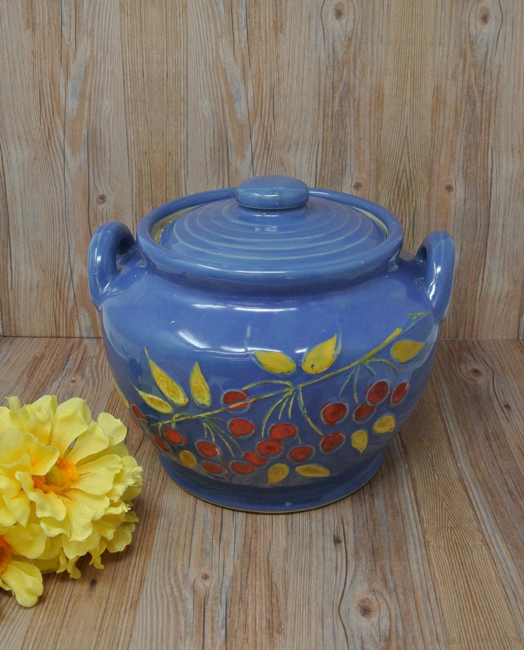 1940's Pottery Crockery Cookie Jar/bean Pot Blue Handprinted Raised ...