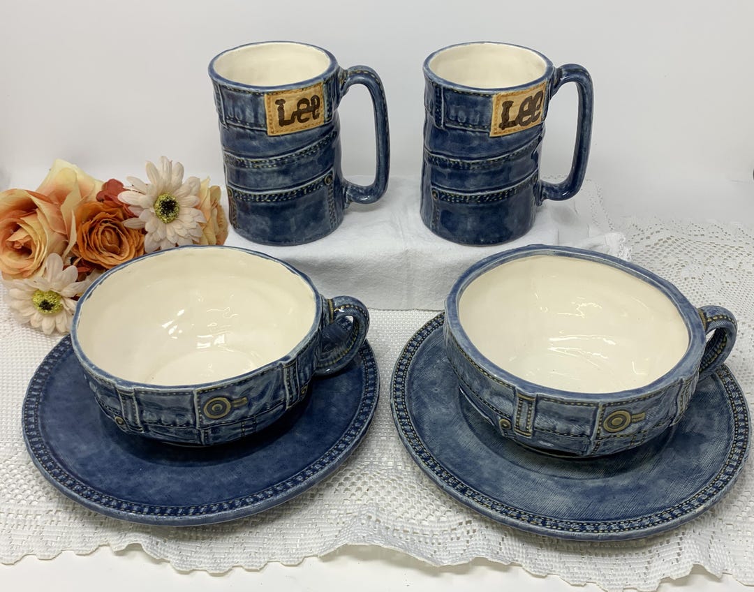 Blue Jean Denim Coffee Mugs, Soup Bowls With Underplates ~ Set of Two ...