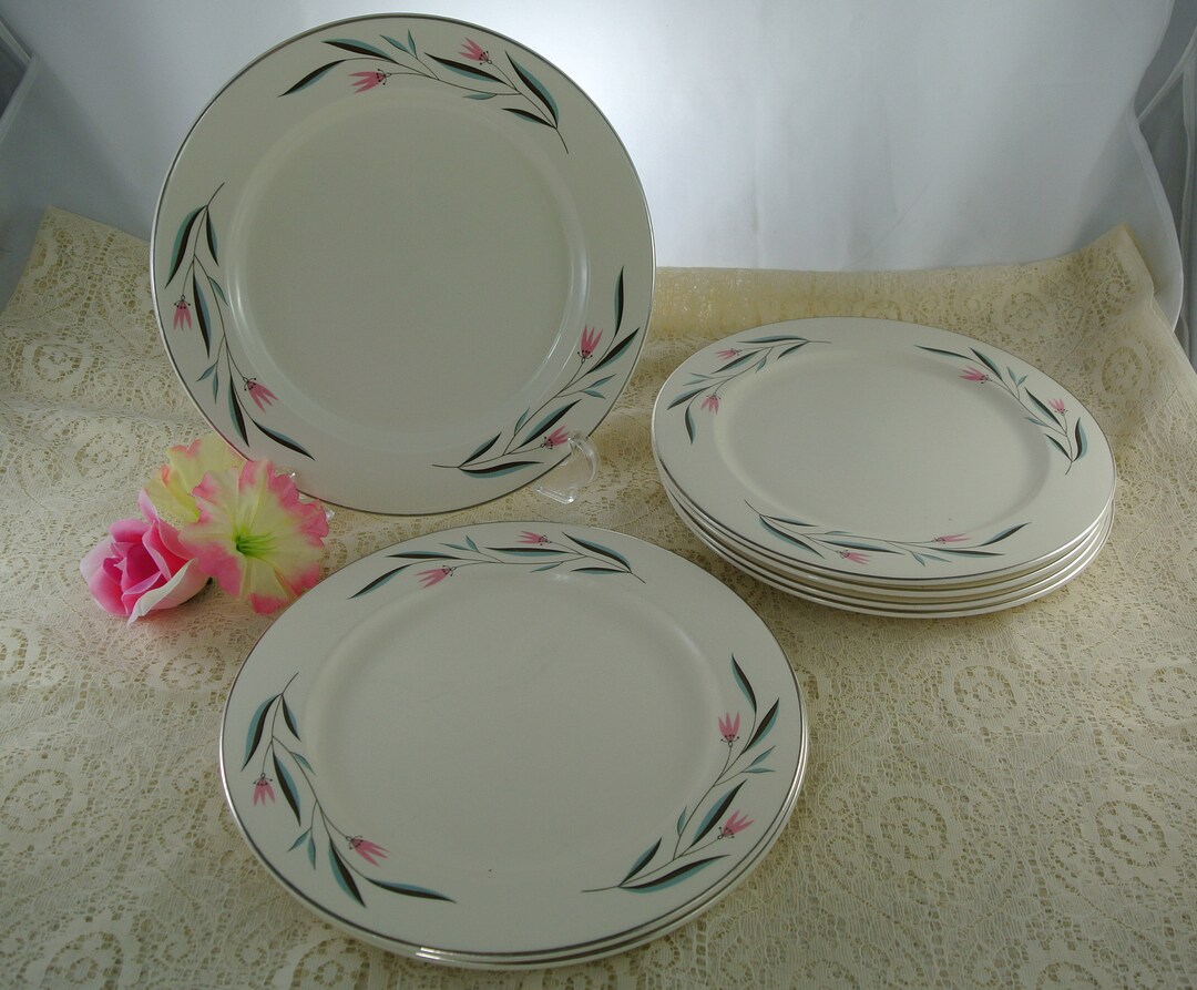 Knowles Carlton Pattern Dinner Plates Pink Flowers Gray & Blue Leaves H ...