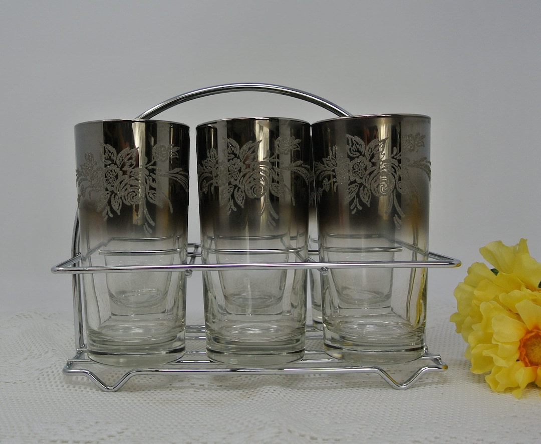 Vitreon Queen's Lusterware Silver Platinum Ombre Highball ROSE Etching ...