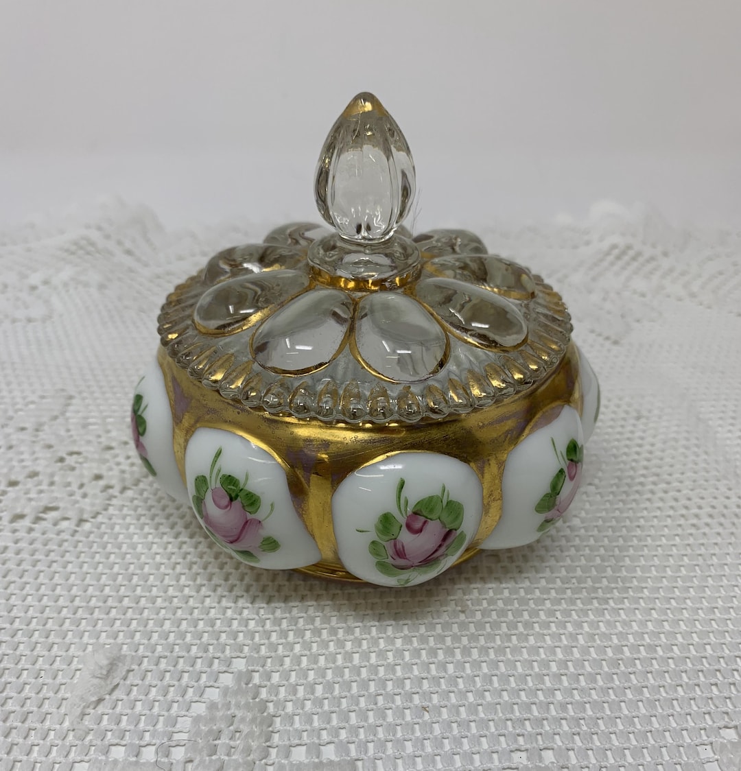 Fenton CHARLETON Milk Glass Silver Crest Melon Powder Jar Hand Painted ...