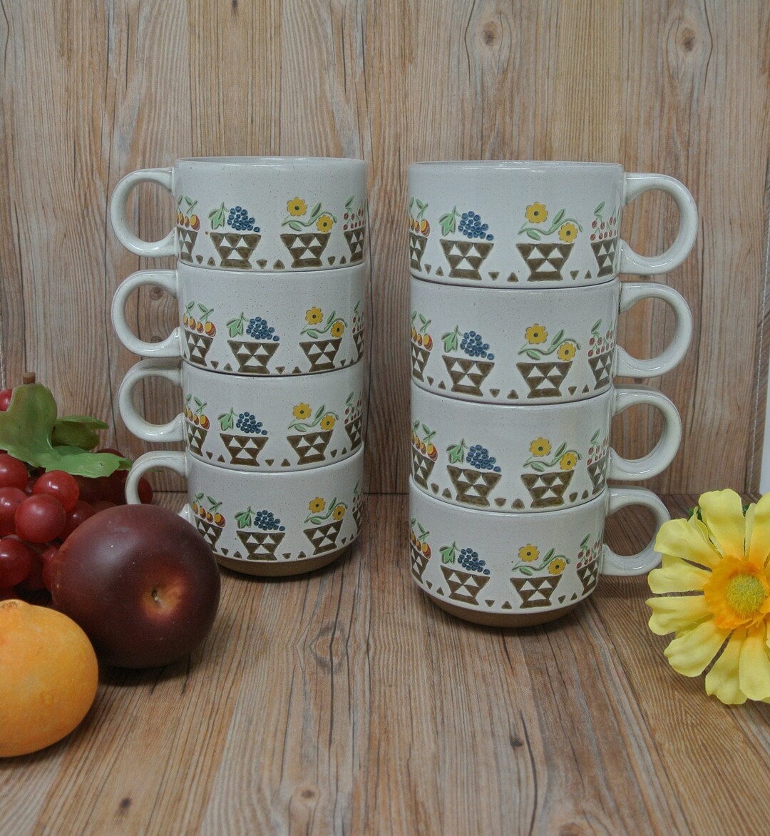 Terrene Basket Midwinter Stoneware Stacking Coffee Mugs ~ Fruit and ...