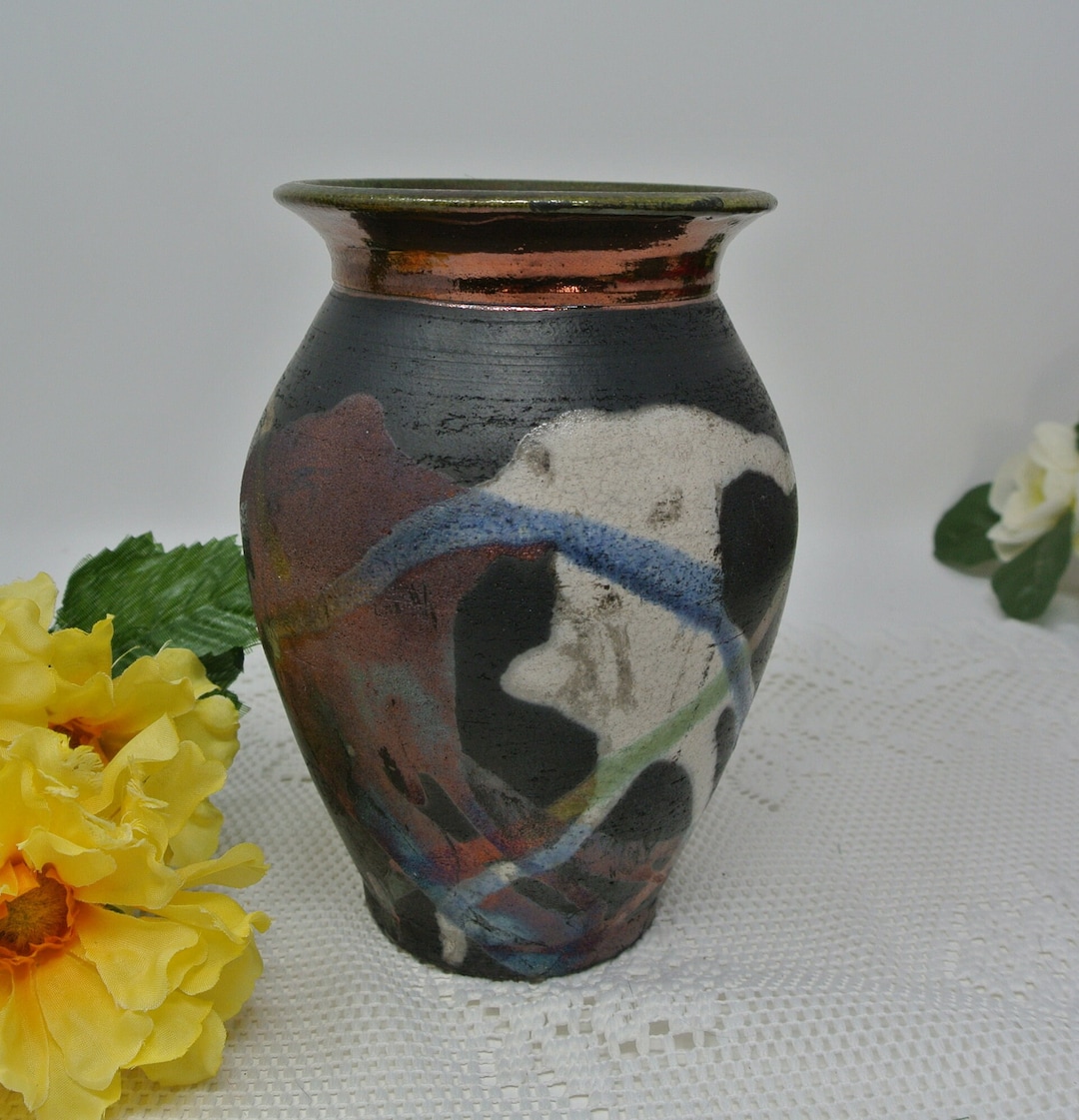 Randy Snyder RAKU Pottery Signed Vase With an Abstract Glaze and Copper ...