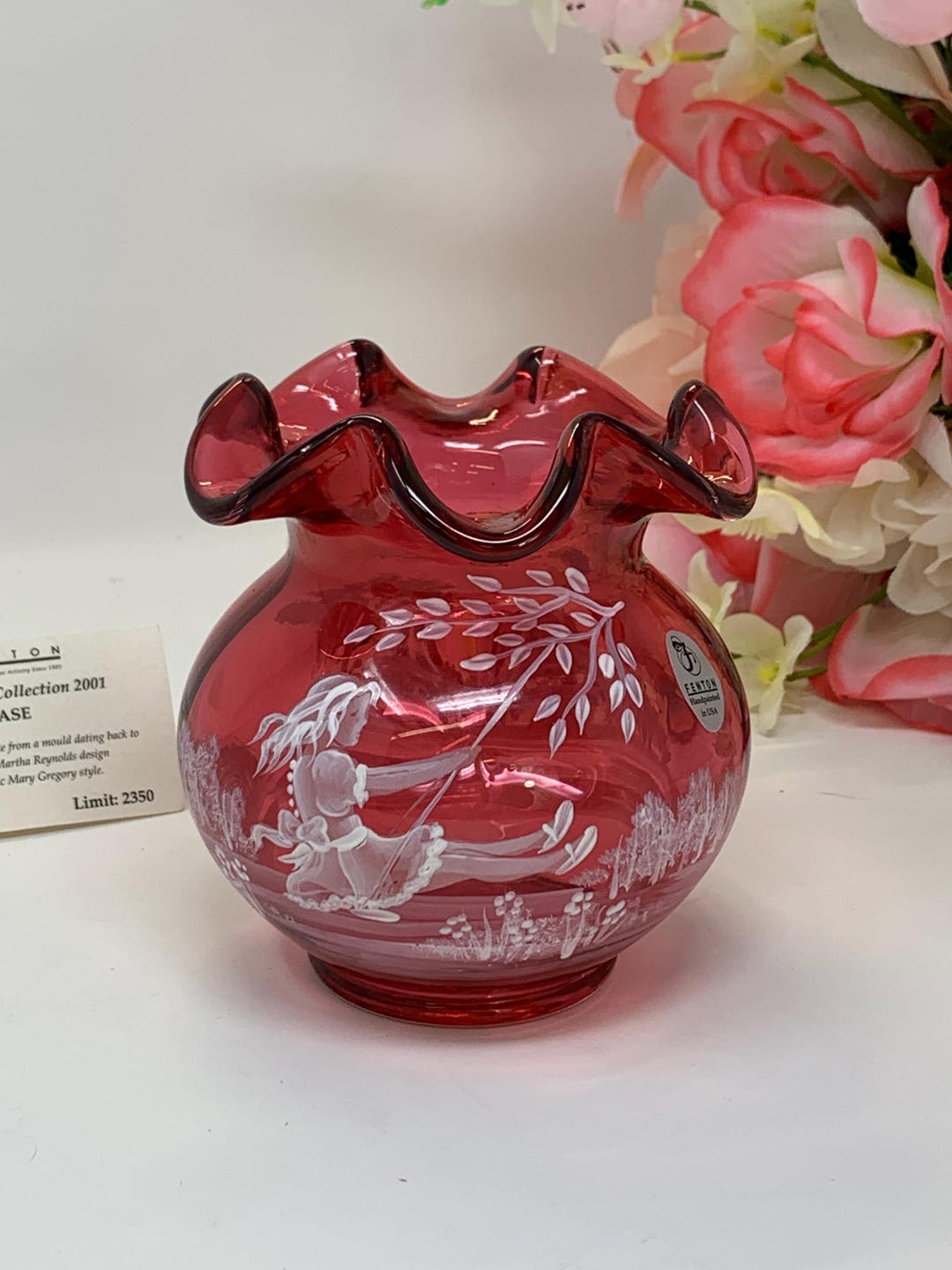 2003 FENTON Mary Gregory Collection Cranberry "swinging" Vase Signed T ...