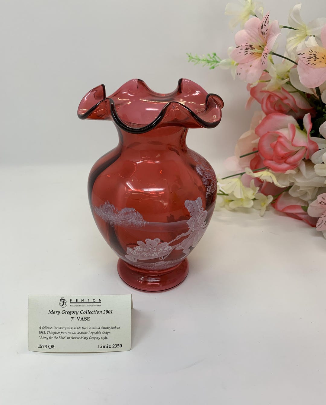 2001 FENTON Mary Gregory Collection Cranberry "along for the Ride" Vase ...