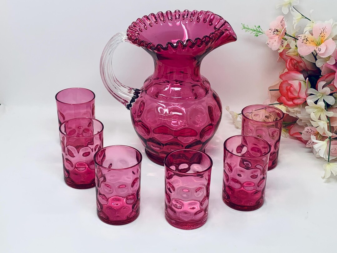 Vintage Fenton Cranberry Coin Dot Glass Pitcher With Six Tumbler Set ...
