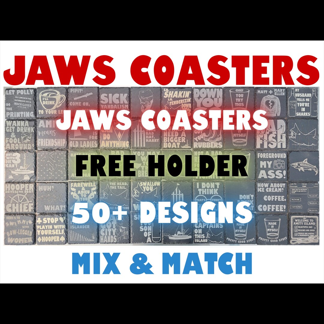 Jaws Coasters: 50 Designs, Movie Quote Slate Coasters, Free Holder With ...