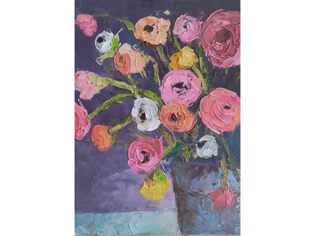 Ranunculus Painting Flowers Original Art Floral Bouquet Artwork Impasto ...