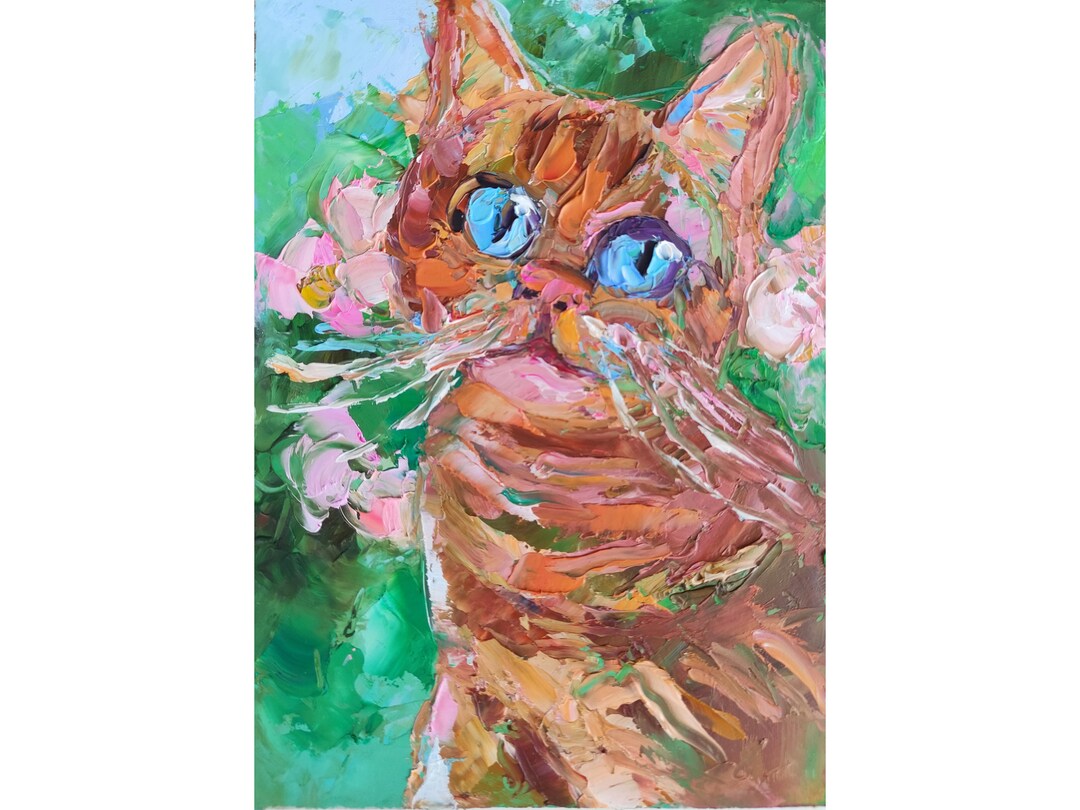 Red Cat Painting Pet Animal Original Art Blossom Art Small Impasto Oil ...