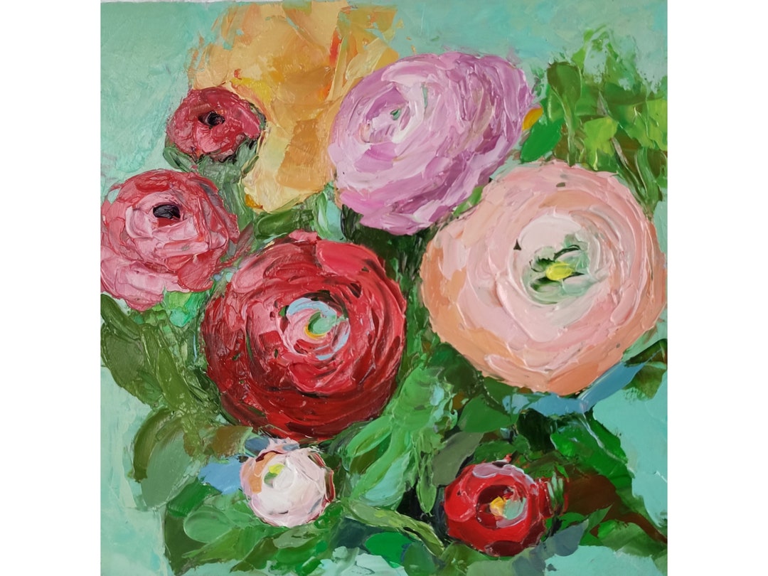 Ranunculus Painting Flowers Original Art Small Floral Bouquet Artwork ...