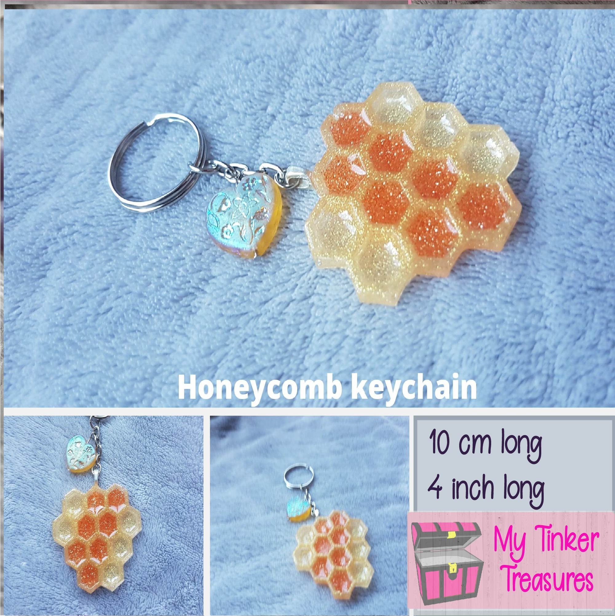 Glitter Honeycomb Key Chain, Yellow Heart Bead, Gift for Girls, Party ...