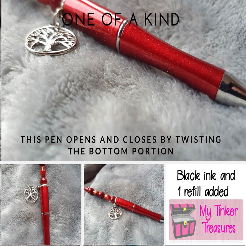 Red Beaded Pen With Tree of Life Charm, Glitter Bead Pen, Valentine ...