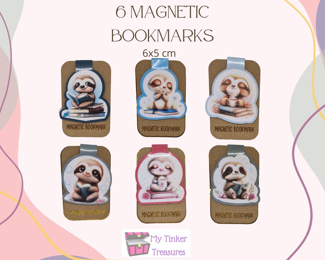 Sloth Reading Magnetic Bookmark - 6 Cute Designs- Embroidered Style ...