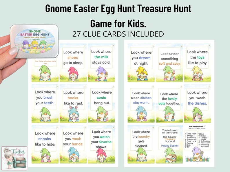 Gnome Easter Egg Hunt Game – 27 Reusable Clue Cards in Tin Box - Etsy UK