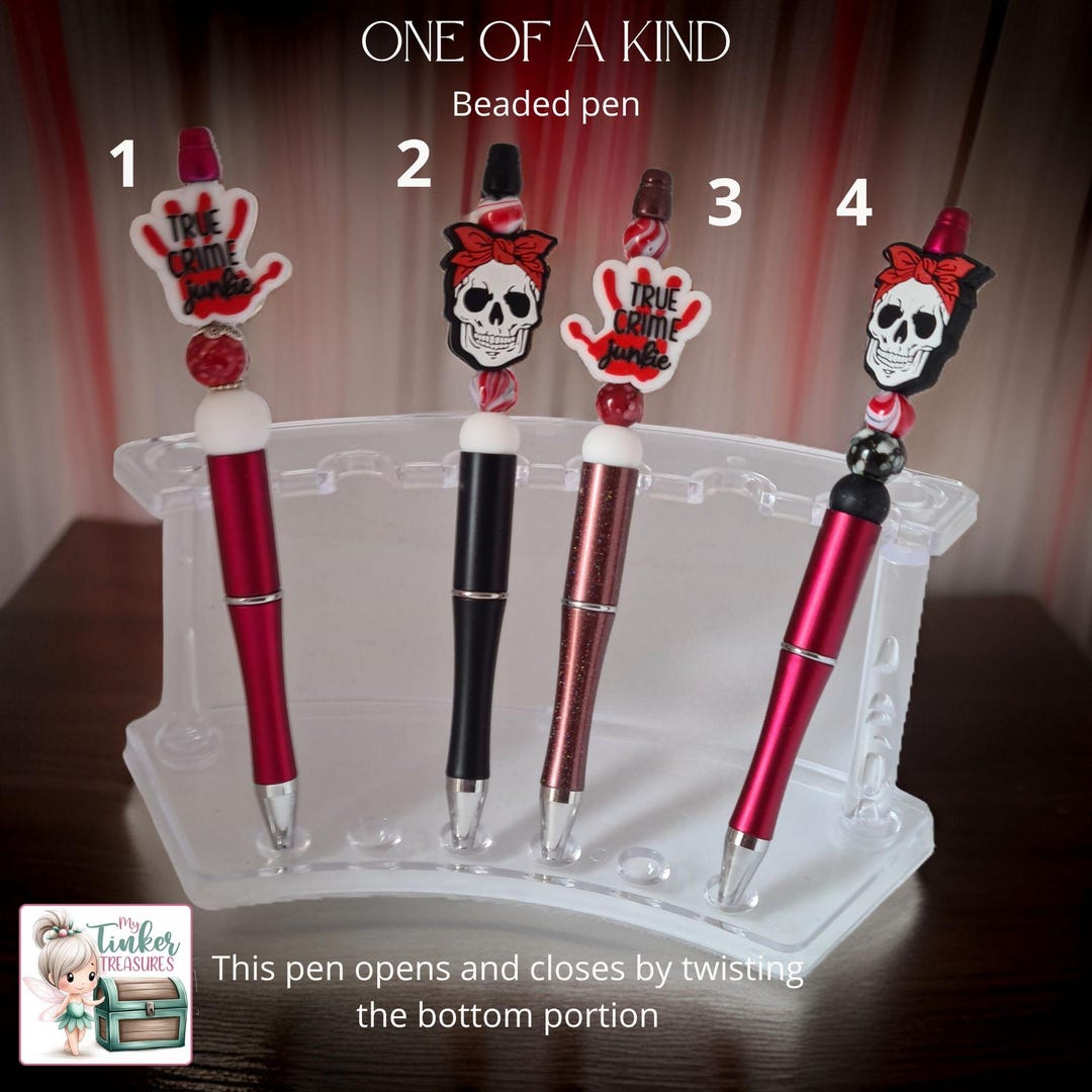 True Crime Junkie Beaded Pen | Spooky Skull, Bloody Hand Charm - Etsy