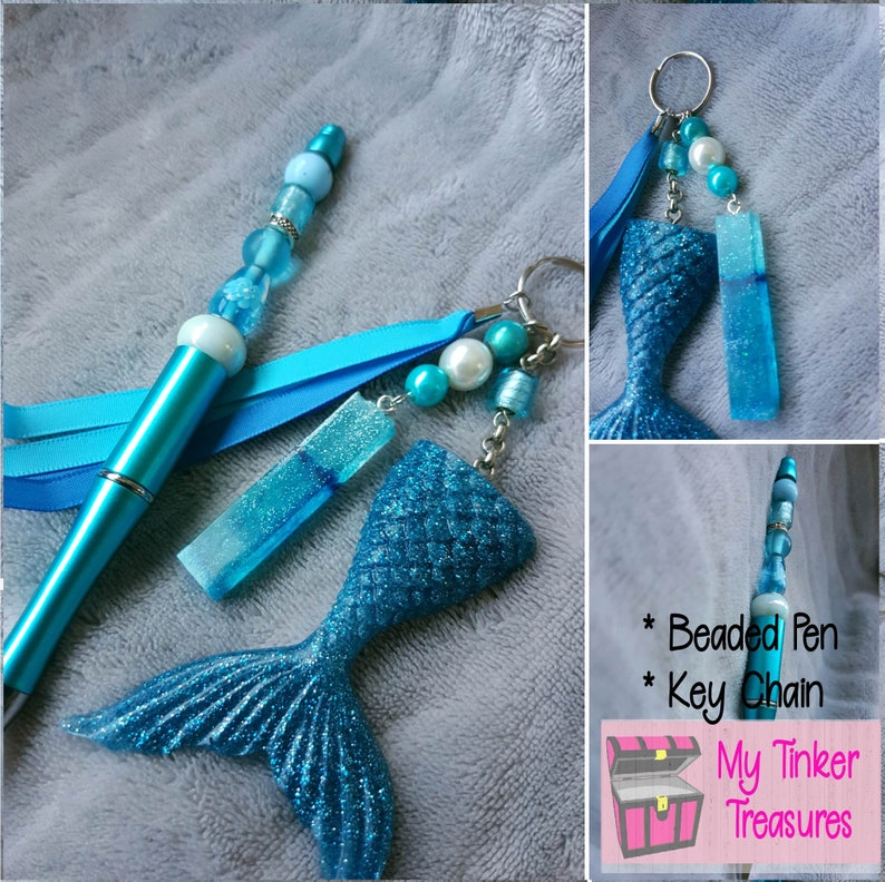 Mermaid Gift Set, Metallic Blue Bead Pen, Key Chain With Mermaid Tail ...