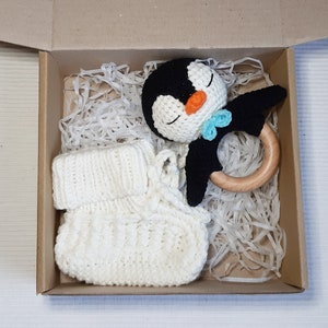 Penguin Baby Boy Gift Box With Penguin Rattle, Knitted Booties & Bonnet ...