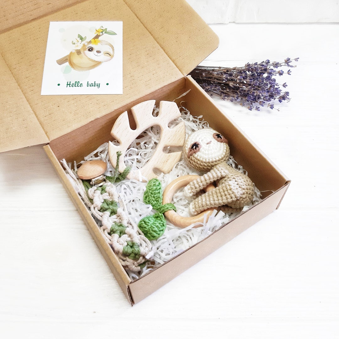 Sloth Baby Gift Box: Crochet Baby Rattle, Macrame Paci Clip, Cotton ...