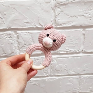 Knit Bear Rattle, Linen Bear Rattle, Wooden Baby Toys 6 Months, Baby ...