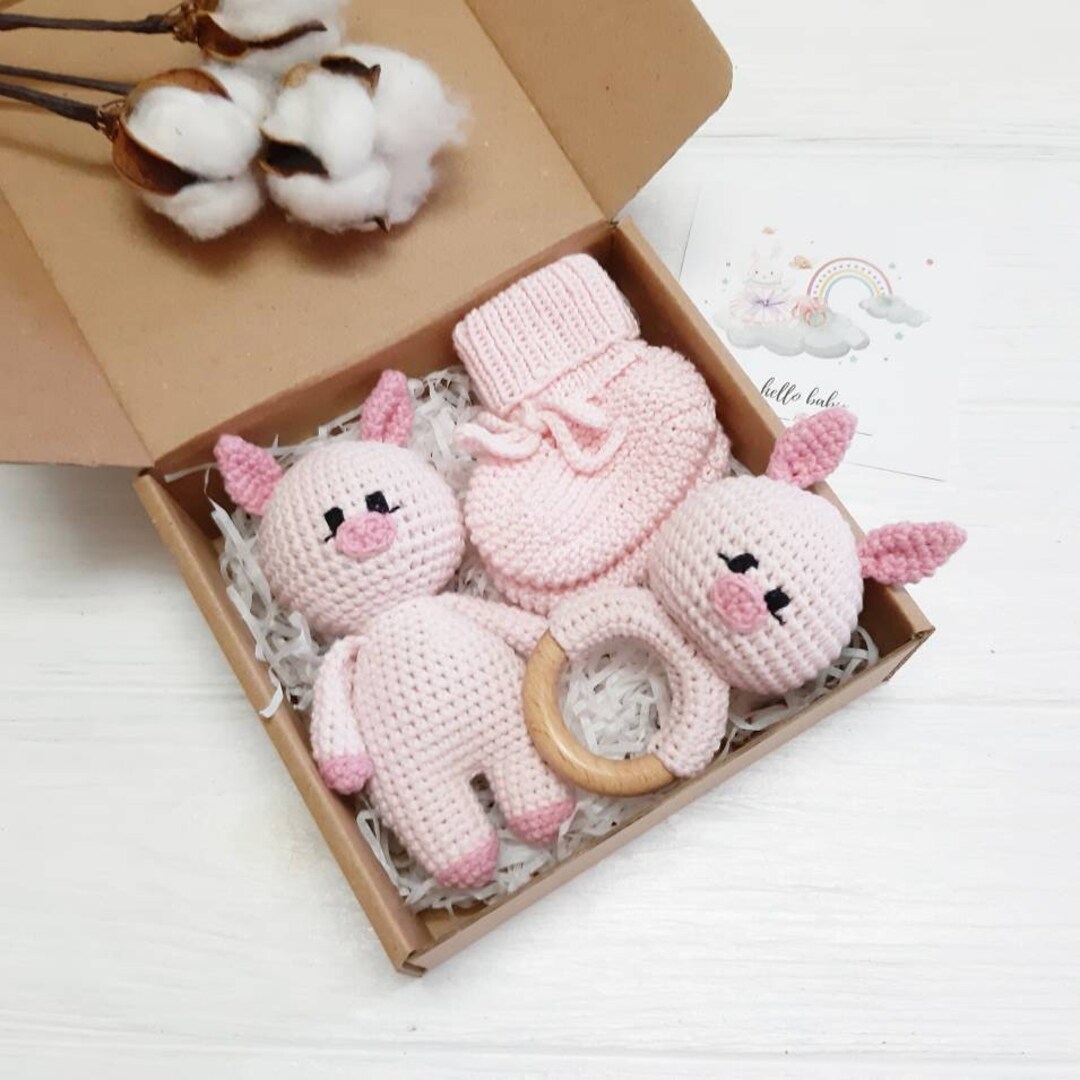 Farm Baby Gift Set: Pig Rattle and Booties, Farm Baby Toy, Plush Piggy ...