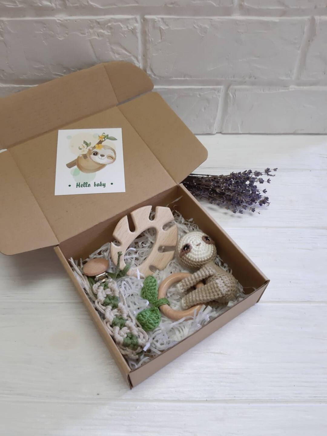 Sloth Baby Gift Box: Crochet Baby Rattle Macrame Paci Clip - Etsy