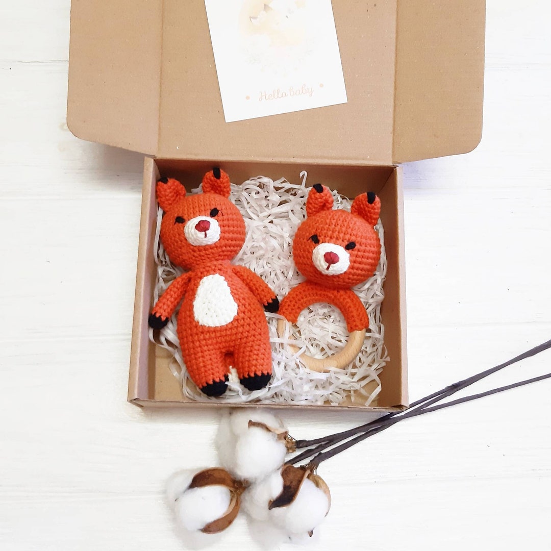 Fox Newborn Baby Gift Box: Stuffed Red Fox Toy, Fox Baby Rattle, Knit ...