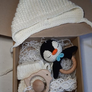 Penguin Baby Boy Gift Box With Penguin Rattle, Knitted Booties & Bonnet ...
