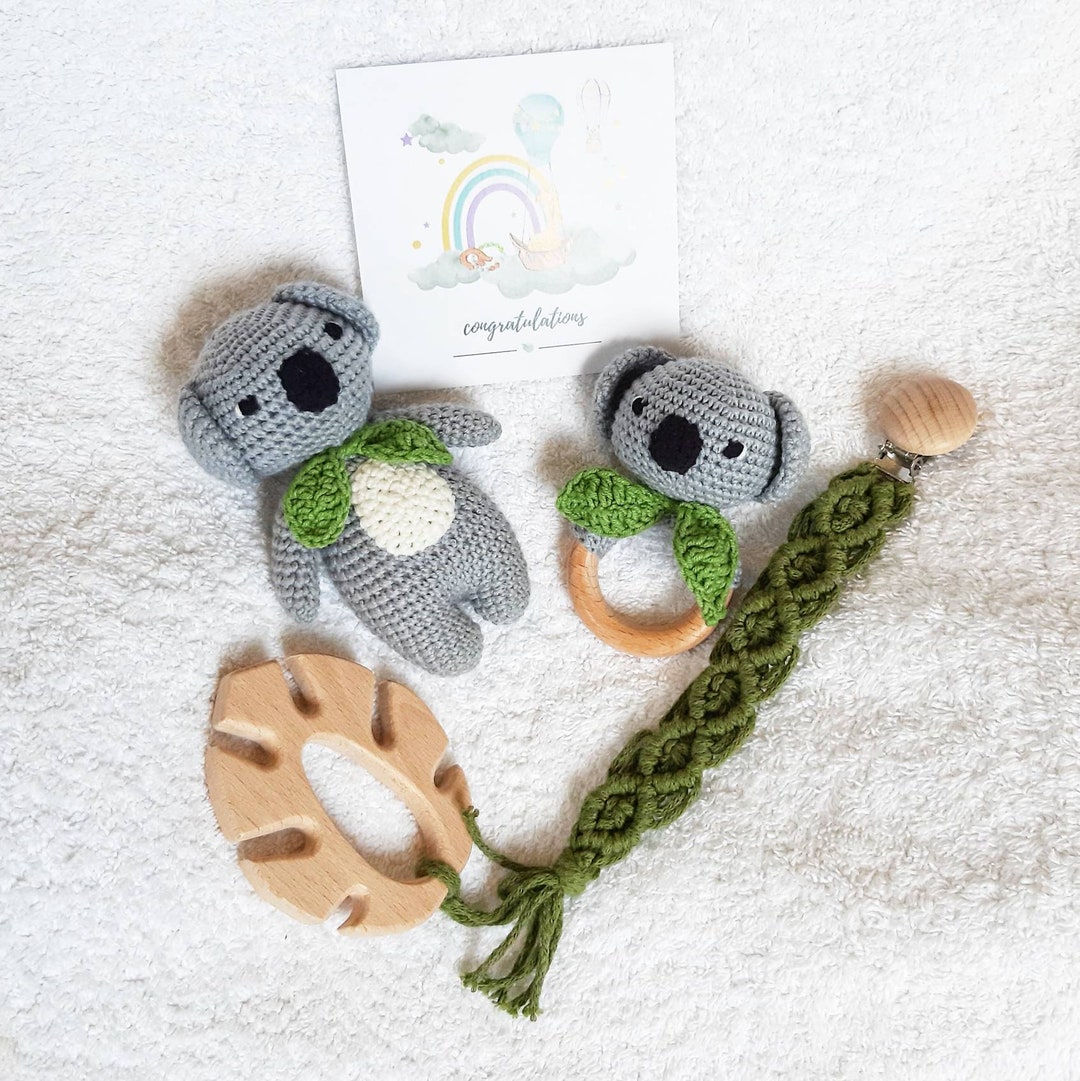 Koala Baby Gift Basket: Personalized Koala Rattle, Knit Koala Baby Toy ...