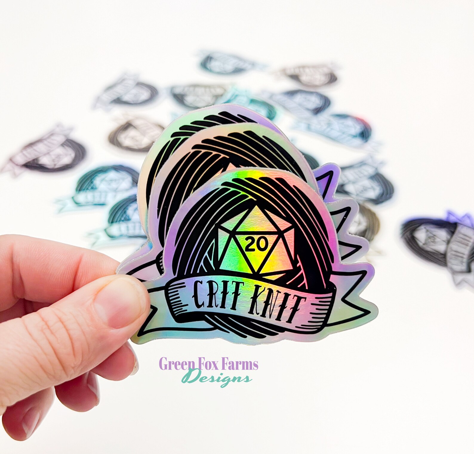 Crit Knit Holographic Sticker, Funny Dice Lover Sticker With Yarn ...