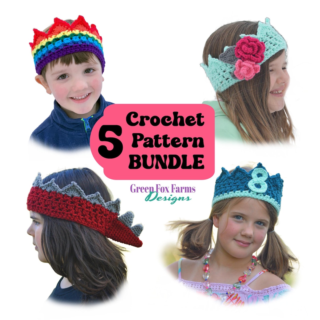 Crown 5 Pattern Bundle, Crochet Birthday Hat, Rainbow Headband, Flower ...