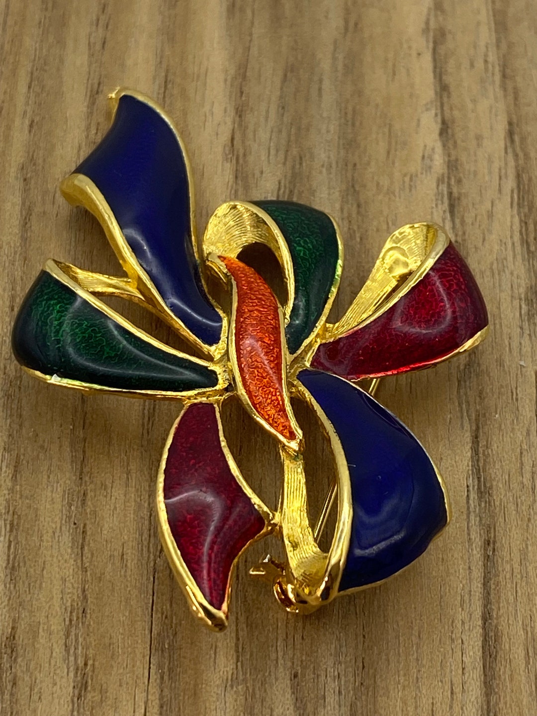 Vintage Enamel Ribbons Bow Brooch, Red Green Blue Enamel and Gold Tone ...