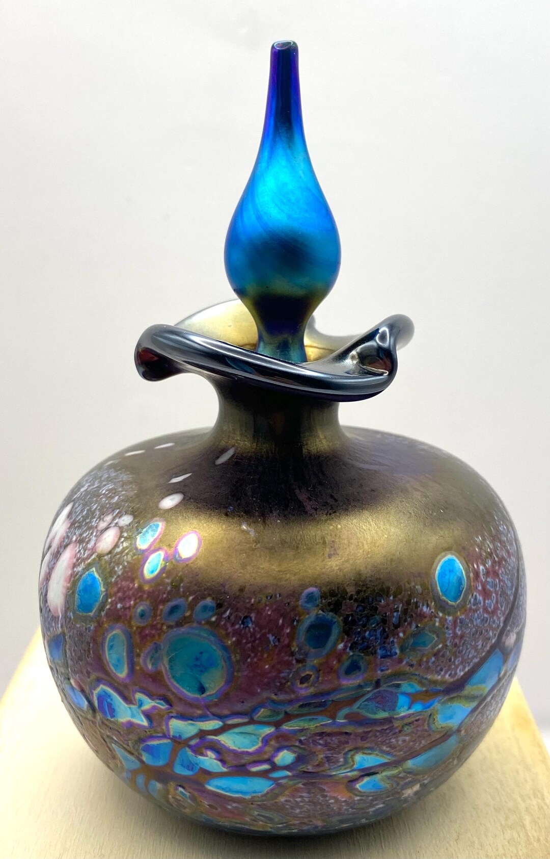 Okra Studio Glass Perfume Bottle, Iridescent Blue Glass Perfume Bottle ...