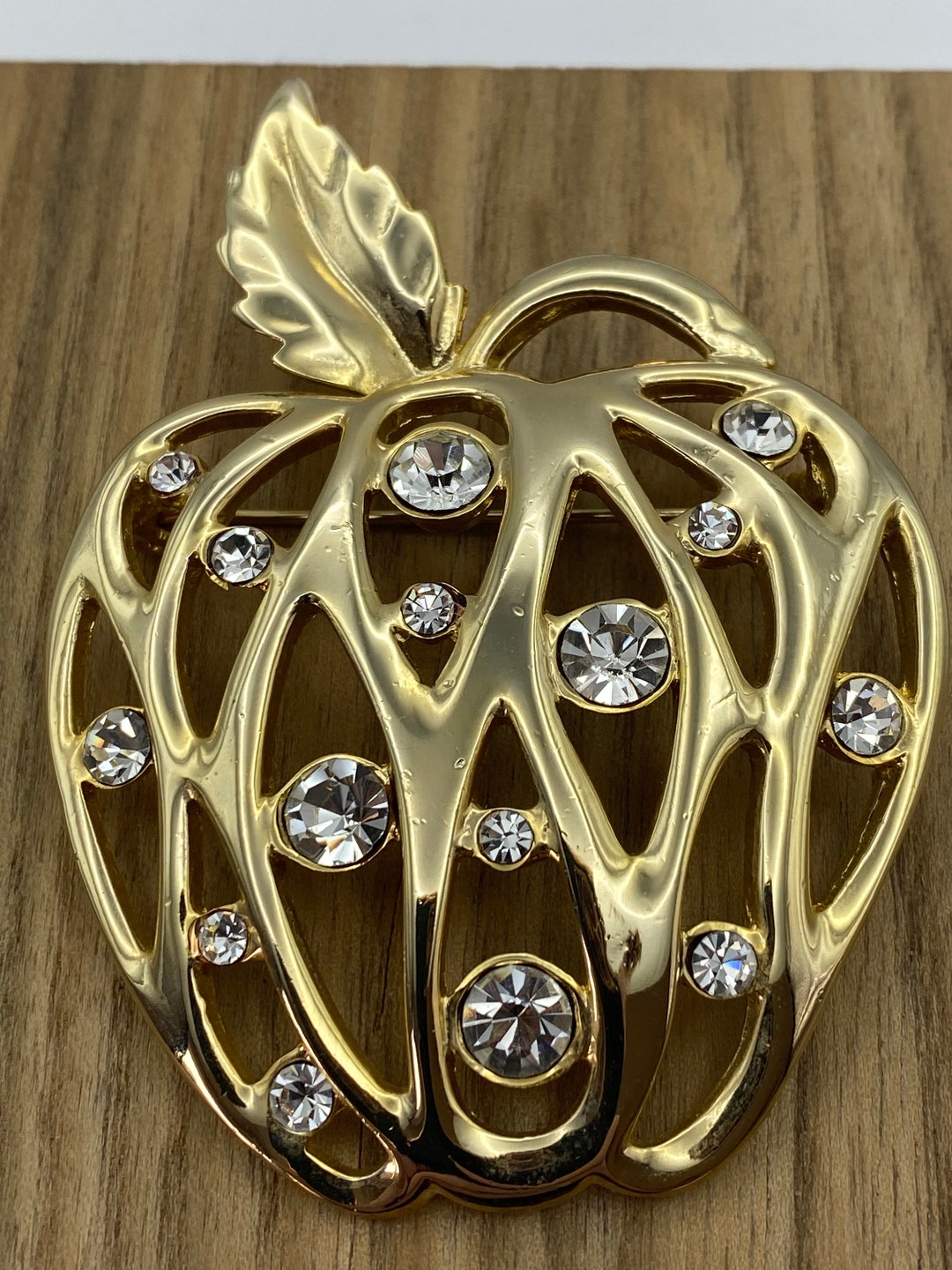 Vintage Gold Tone and Rhinestone Apple Brooch, Large Circular Lapel Pin ...